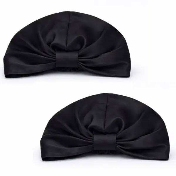 HI SILK Set Of Two Double-layer Silk Bonnets Nineteen Momme Mulberry Silk Lined - Black