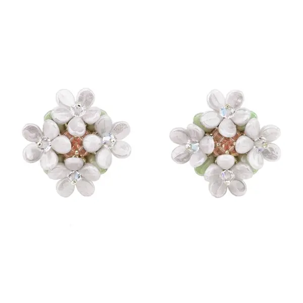 Oana Savu Bridal Flower Earrings Glass Beads Pearls Silver Wedding Ear Studs - White