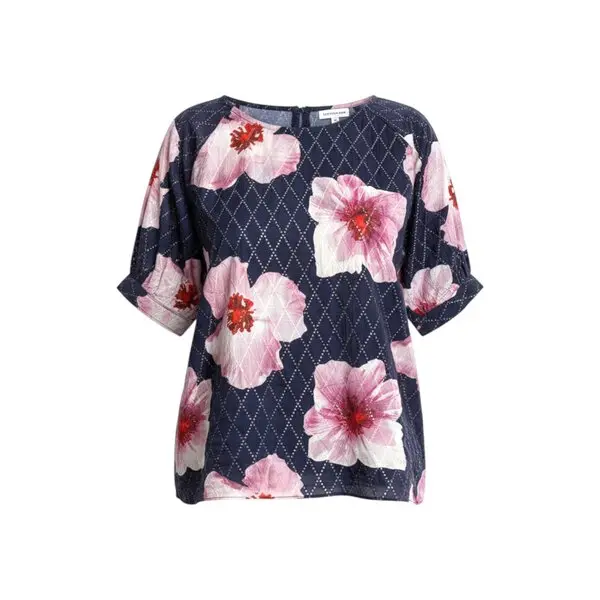 STOVARIA Blue / Pink Mulmul Silk Top – Soft Floral Print With Zari Stitch Detail - Blue/pink