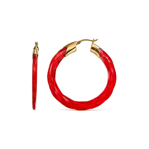 GOLD & HONEY Red / Gold Ruby Swirl Twist Lucite Birthstone Hoop Earrings - Red/gold