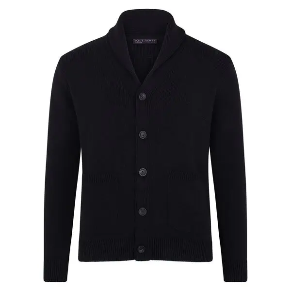 PAUL JAMES KNITWEAR Midweight Cotton Shawl Collar Sebastian Cardigan - Black