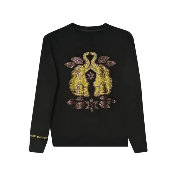 MIRACLES MANIFESTER Elephants Love Symbol Lucky Feng Shui Rhinestoned Sweatshirt - Black