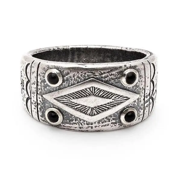 NIALAYA JEWELRY Engraved Vintage Ring With Matte Onyx - Silver