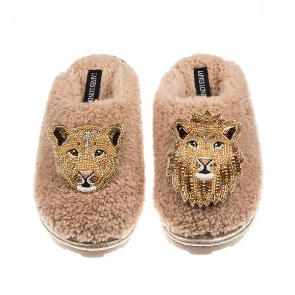 LAINES LONDON Neutrals Teddy Closed Toe Slippers With Lion & Lioness Brooches Toffee - Brown