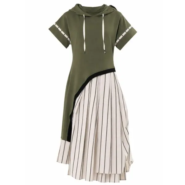 METAMORPHOZA Hooded Asymmetric Dress With Striped Skirt In Khaki - Green