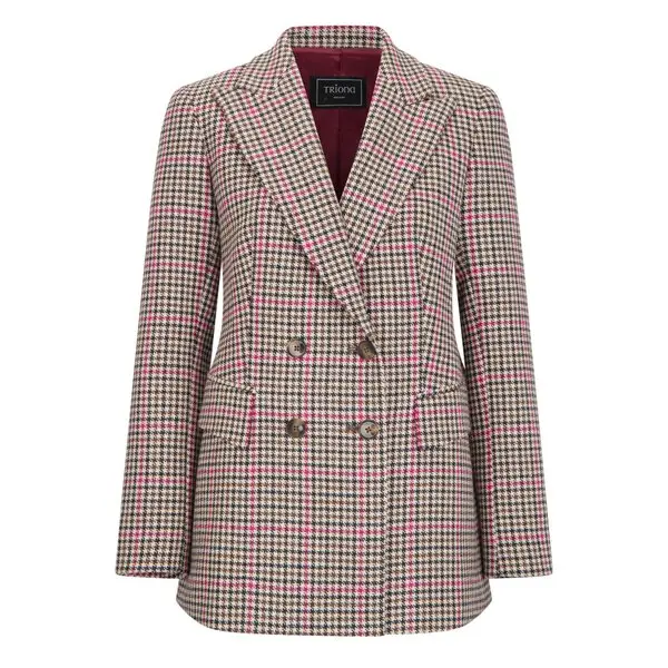 TRIONA Neutrals Camel & Pink Houndstooth Clodagh Double Breasted Tweed Jacket - Beige/pink