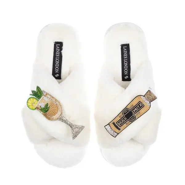 LAINES LONDON Neutrals / Classic Laines Slippers With Hugo Spritz Brooches Cream - White