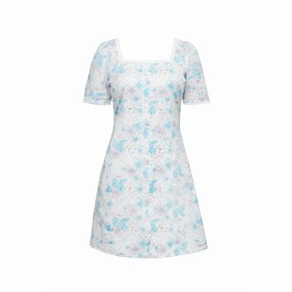 HOUSE OF GL Ciela Cotton Lace-trim Mini Dress Sustainable Floral Summer Dress - Blue/white