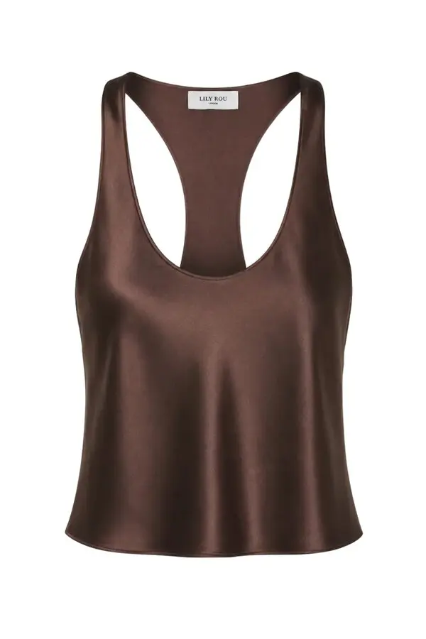 LILY ROU Chocolate Racer-back Silk Tank Top - Brown