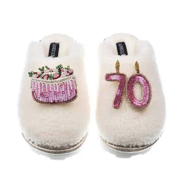 LAINES LONDON Teddy Closed Toe Slippers With 70th Birthday & Cake Brooches Cream - White