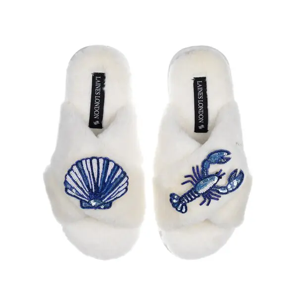 LAINES LONDON Embellished Faux Fur Cross Strap Slippers - White