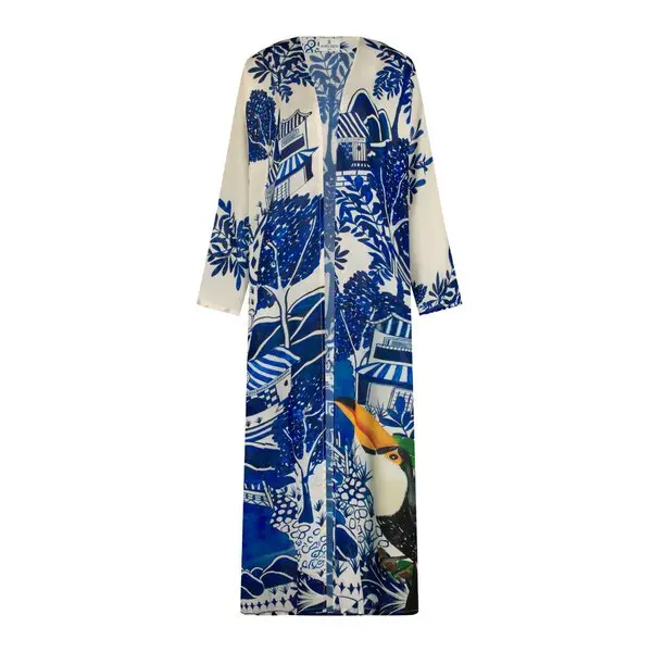 DHARA SHETH, DUBAI Harmony Bird Print Long Kimono Blue & Multicolor Beach Cover Up - Blue/white/green