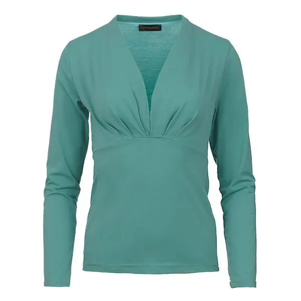 CONQUISTA Mint Long Sleeve Faux Wrap Top In Stretch Jersey Sustainable Fabric - Green
