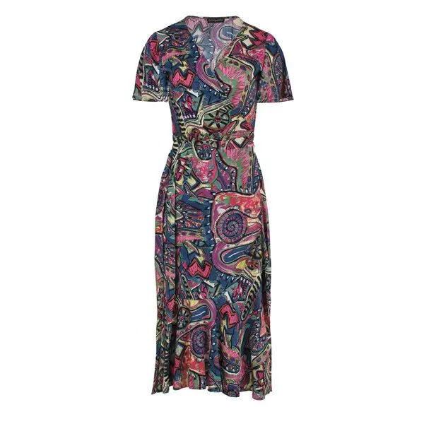CONQUISTA Print Ruffle Detail Wrap Dress - Blue