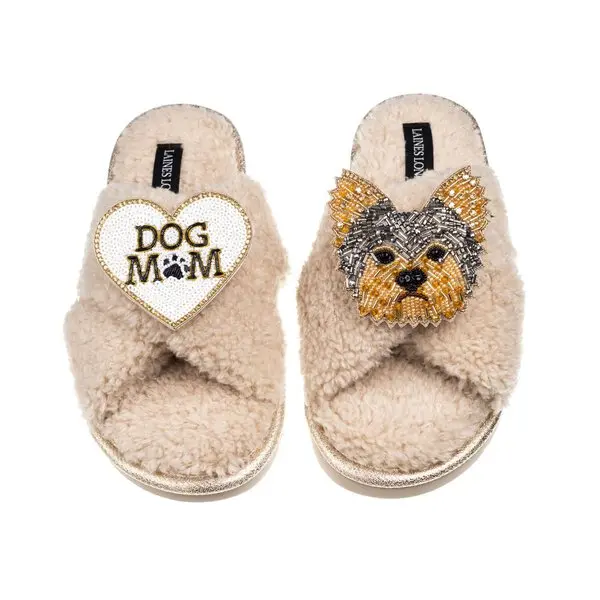 LAINES LONDON Neutrals Laines Neutral Boucle Slippers With Minnie Yorkie & Dog Mum / Mom Brooches Oatmeal - Brown