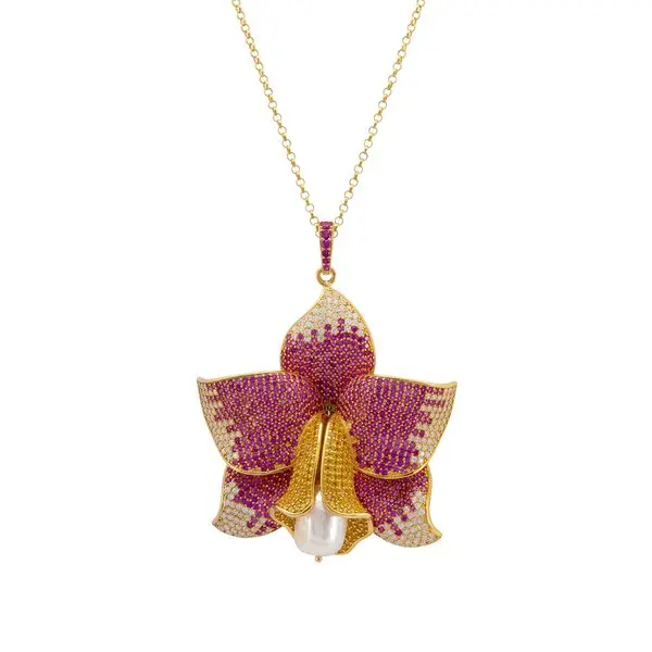 LATELITA Gold / White / Pink Daffodil With Pearl Pendant Necklace Gold Ruby Cz - Gold/white/pink