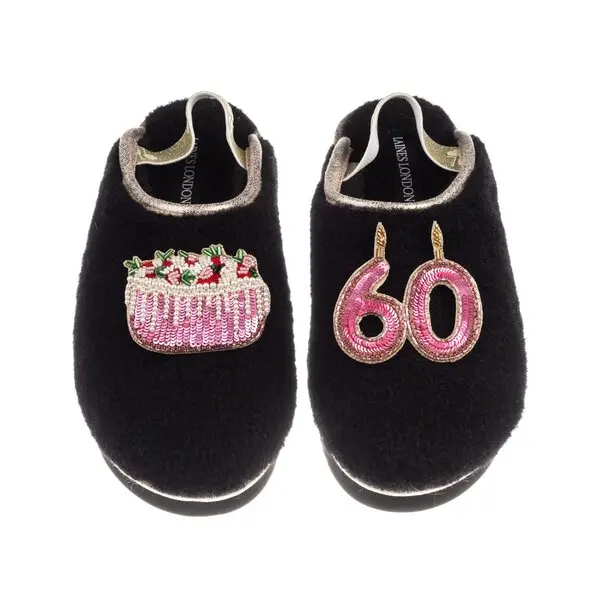 LAINES LONDON Black / Gold Flatform Cloud Closed Toe Slippers With 60th Birthday & Cake Brooches Black - Black/gold