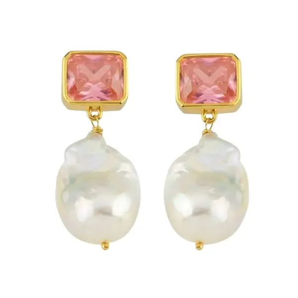 LINYA JEWELLERY Crystal Stone Baroque Pearl Dangle Earrings - Pink