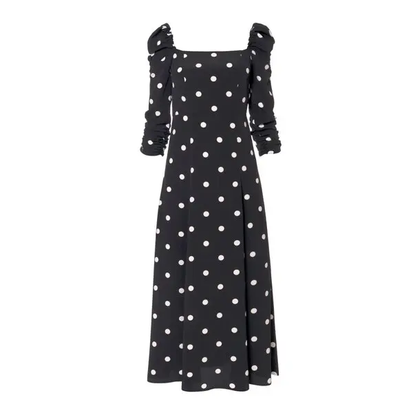 AGGI BY HALEWSKI Amelie Walking Dots Puffed Sleeves Midi Dress - Black