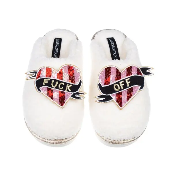 LAINES LONDON Gold / Neutrals / White Teddy Closed Toe Slippers With Pink & Red Stripe Fuck Off Brooches Cream - Gold/white