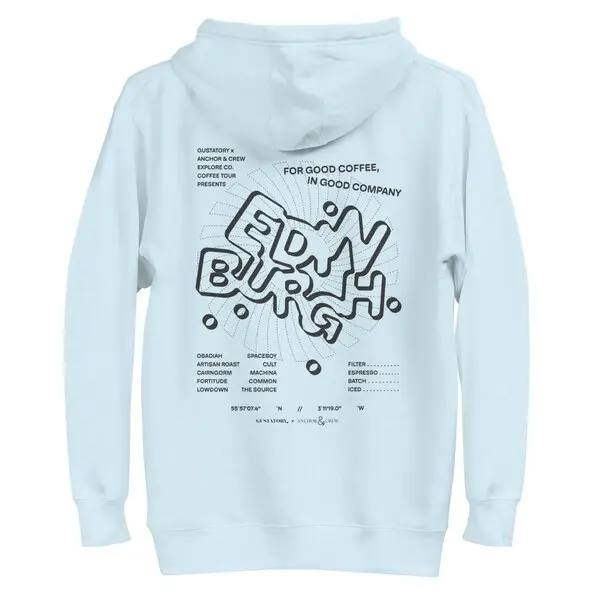 ANCHOR & CREW Sky Gustatory Edinburgh Coffee Scene Cotton Blend Embroidered Hoodie - Blue