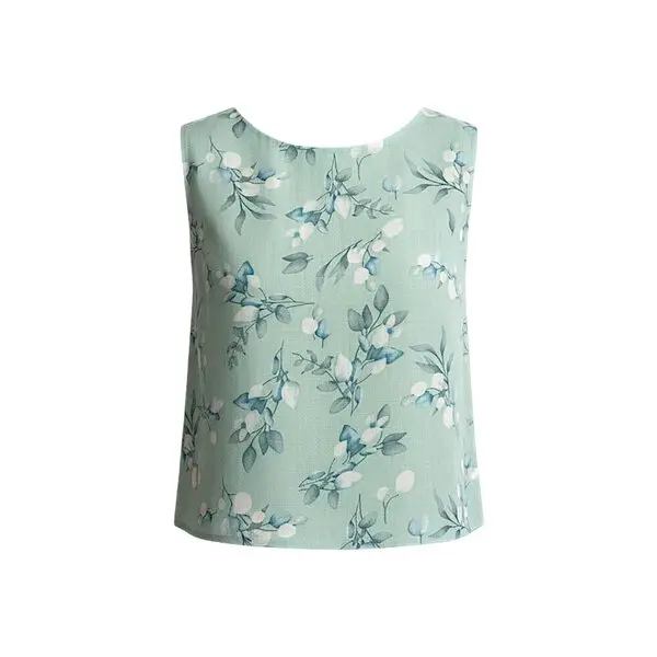 STOVARIA Mint Sleeveless Top In Pure Linen With Soft Floral Print - Green