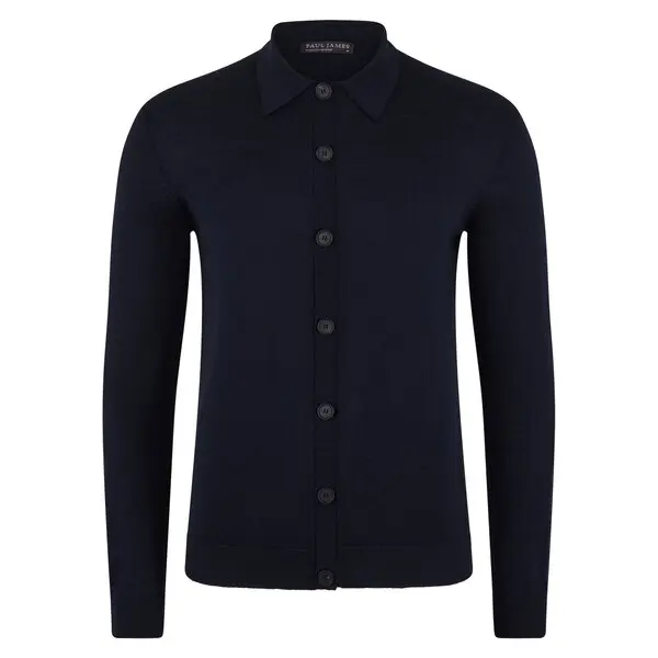 PAUL JAMES KNITWEAR Extra Fine Merino Wool Cassiuss Polo Cardigan Navy - Blue