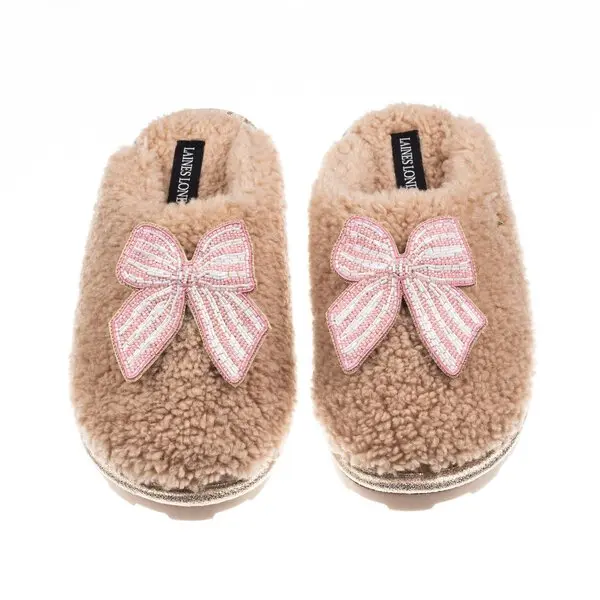 LAINES LONDON Neutrals Teddy Closed Toe Slippers With Pink Stripe Bow Brooches Toffee - Brown
