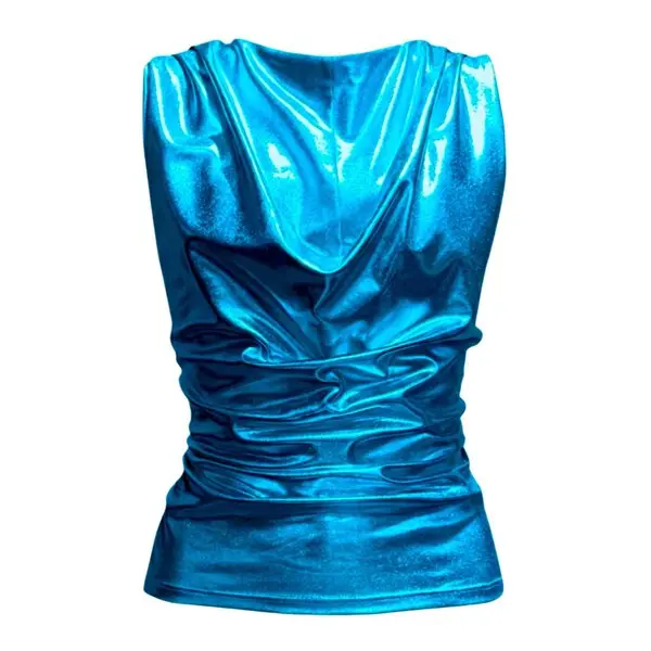 IMAATU Onu Glam Metallic Shine Sculpting Elastic Faux Leather Waterfall Top - Blue