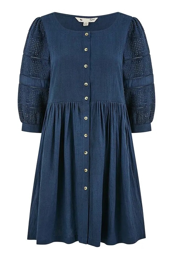 YUMI Navy Cotton Tunic With Broderie Anglaise Puff Sleeves - Blue