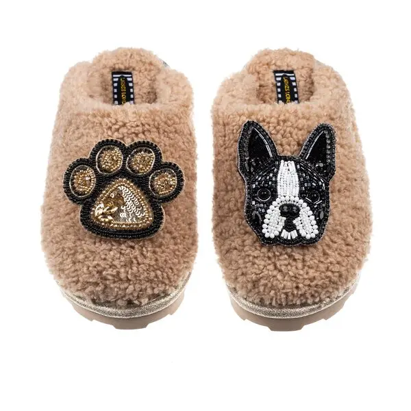 LAINES LONDON Towelling Closed Toe Slippers With Buddy Boston Terrier & Paw Brooches Toffee - Brown