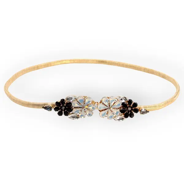 DAMAPREZIOSA Black / White Gold Plated Stretch Metal Belt With Daisy Bouquet Crystal Buckle Black & White - Black/white