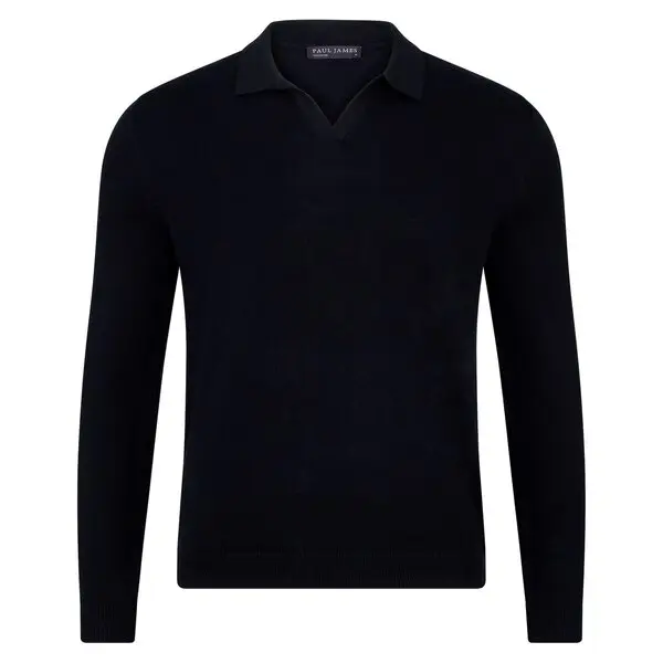 PAUL JAMES KNITWEAR Lightweight Cotton Lyndon Buttonless Polo Shirt - Black