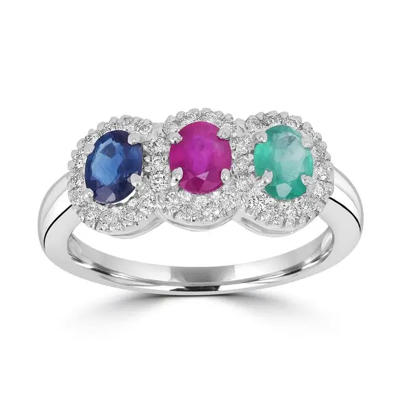 ARTISAN Three-stone Sapphire, Ruby & Emerald Halo Ring In 18k Gold - White