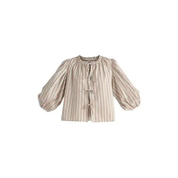 PAISIE Tie Front Puff Sleeves Blouse In Taupe And - Green
