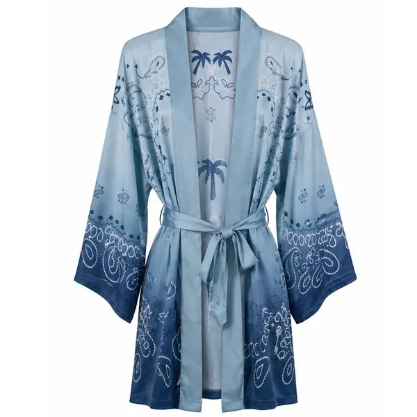 Loveist Store Laurel Bandana Patterned Silky Satin Short Kimono - Blue