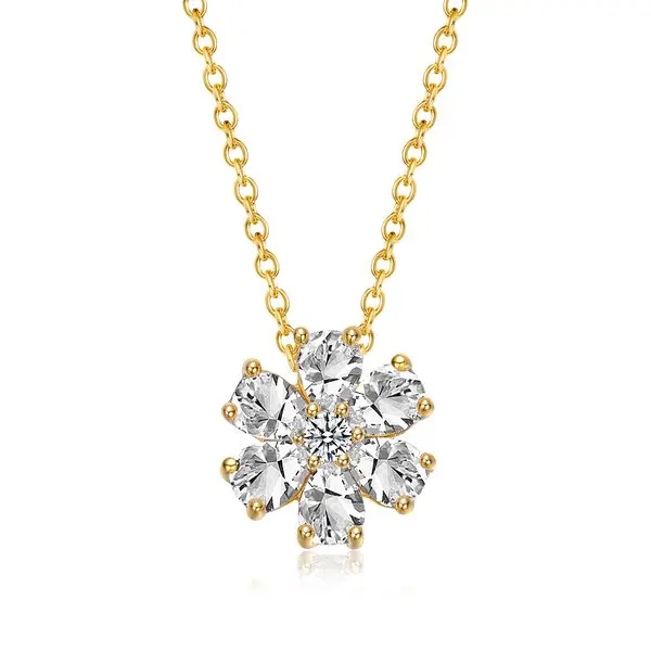 GENEVIVE Stella Valentino Sterling Silver Plated Lab-created Moissanite Daisy Cluster Pendant Necklace - Gold