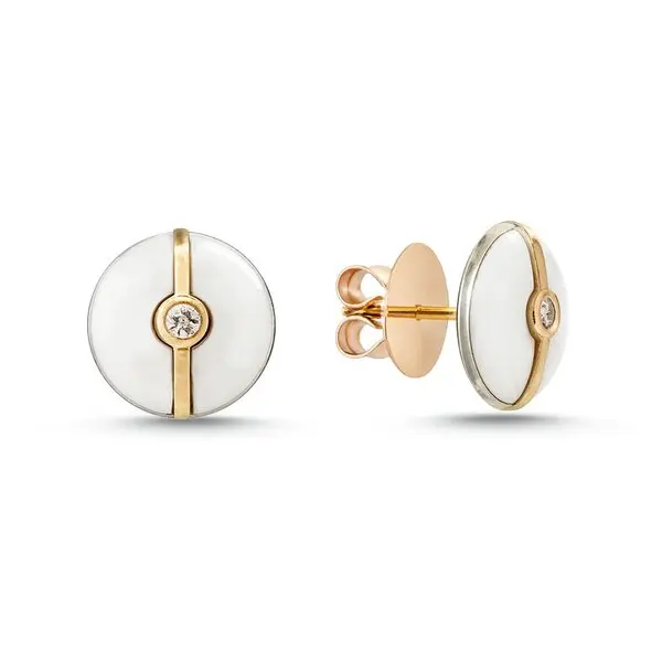 ECCE ARTISAN DIAMONDS Enamelled Mini Multi Diamond Buttons 14k Yellow Gold Earring - White