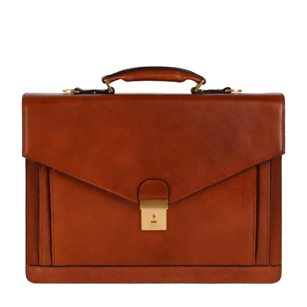 TIME RESISTANCE Classic Design Leather Briefcase In Cognac The Magus - Brown