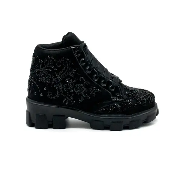 RETTROSE Brooklyn Luxury Noir Suede Handmade Embellished Boot - Black