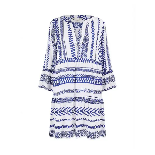 YUMI Geo Stripe Print Beach Tunic - Blue