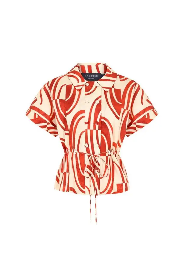 EXQUISE Regular Lace-up Abstract Print Cotton Shirt - Red