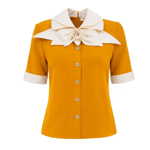 JULIA ALLERT Short Sleeve Formal Bow Blouse Mustard - Orange