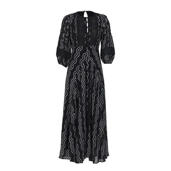 ROSE & NANCY Corinne & White Waves Print Lace Trim Maxi Dress - Black