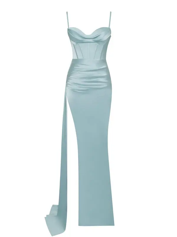 MISS CIRCLE NEW YORK Elayna Pale Strappy Satin Corset High Slit Gown - Blue