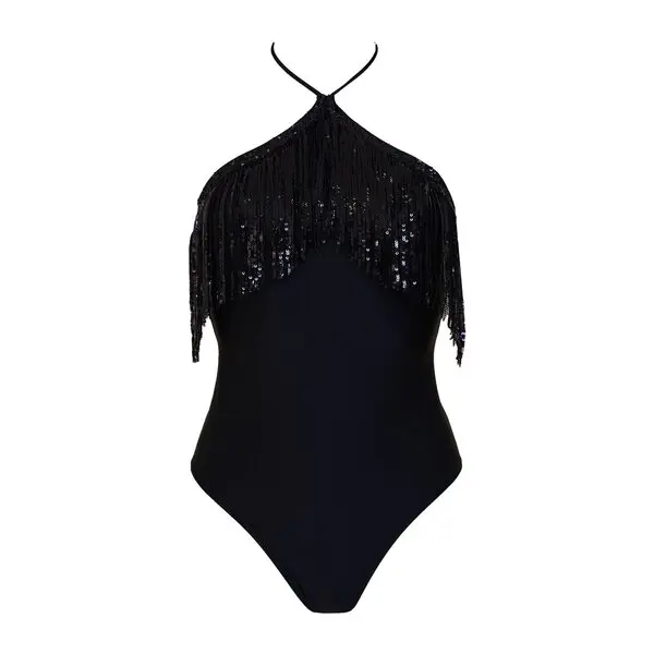 AULALA PARIS The Midnight Fringe One Piece Sequin Swimsuit - Black