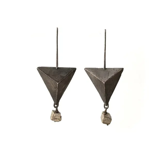 ZULA JEWELRY + DESIGN Black / Grey / Silver Triangle Pyrite Drop Earrings, Ancient Future Collection - Black/grey/silver