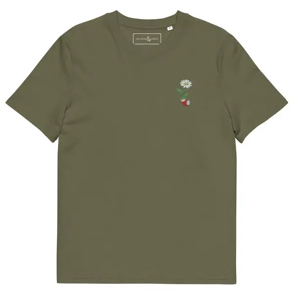 ANCHOR & CREW Khaki Daisy Garden Dystopia Organic Cotton Embroidered T-shirt - Green