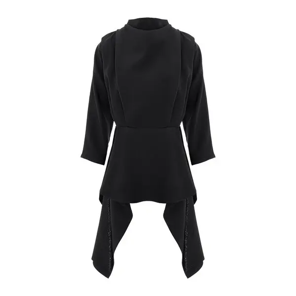 CONCEPT A TROIS Elegant Top With Peplum And Pleats With Sequined Details - Black
