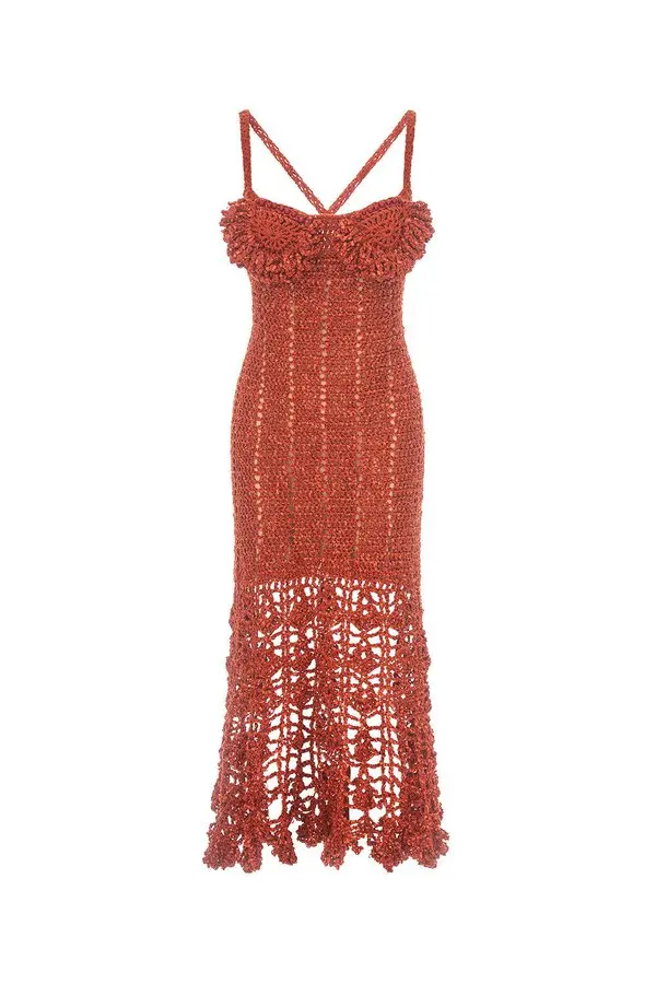 ANDREEVA Chrysanthemum Terracotta Handmade Crochet Dress - Red